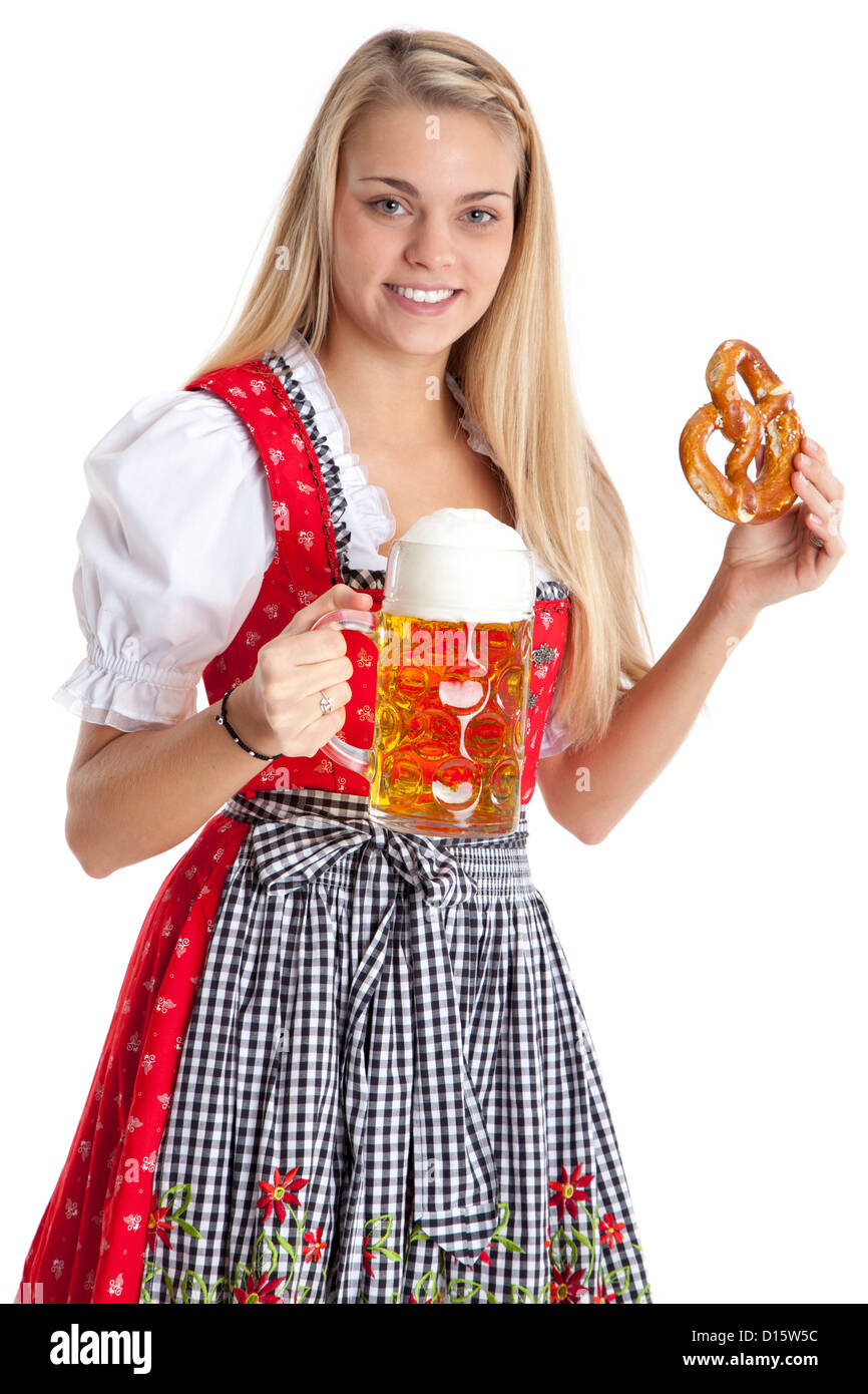 Woman in traditional costume with beer and pretzel Stock Photo - Alamy