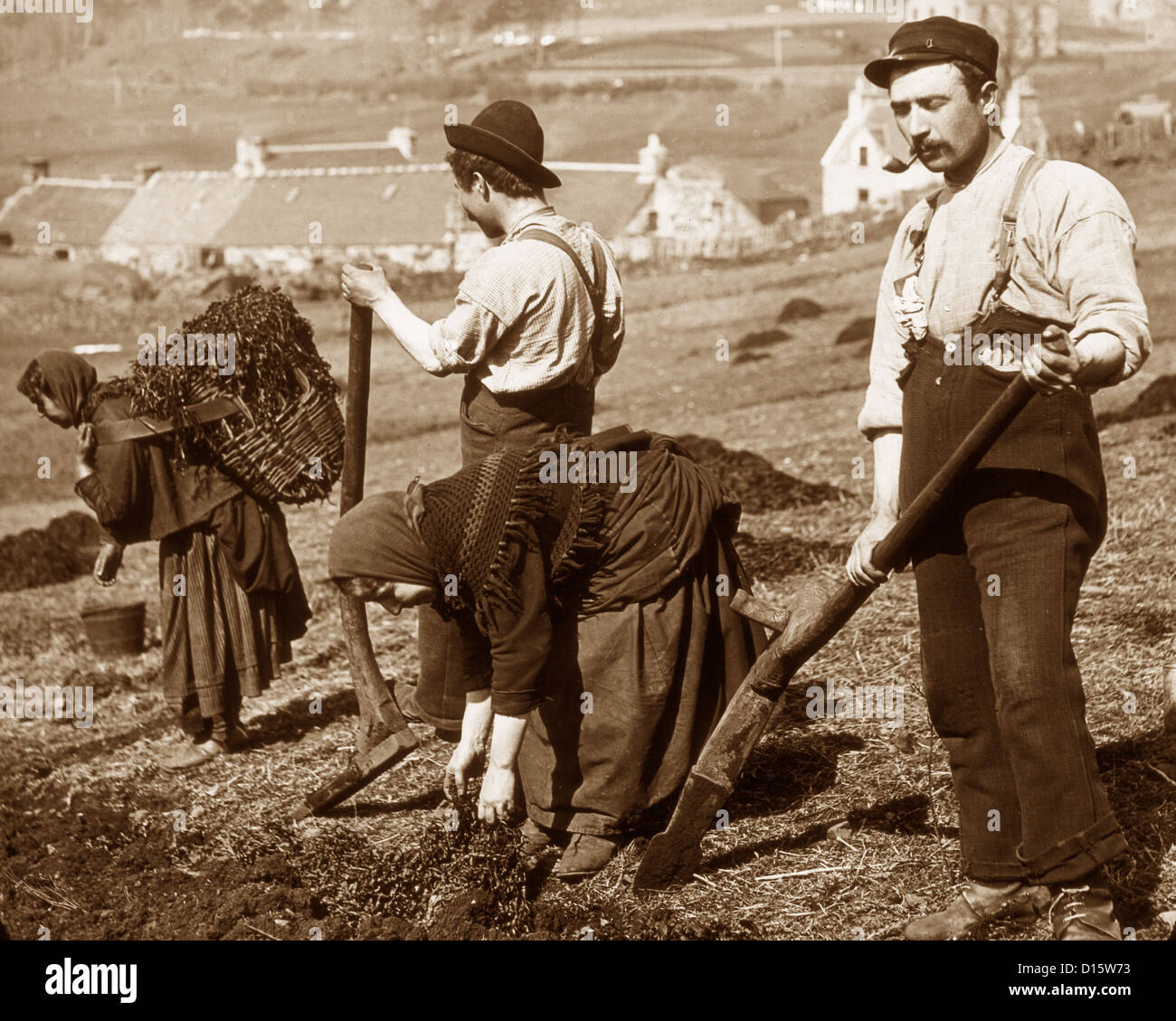 Crofters using a cas chrom to dig peat Victorian period Stock Photo - Alamy