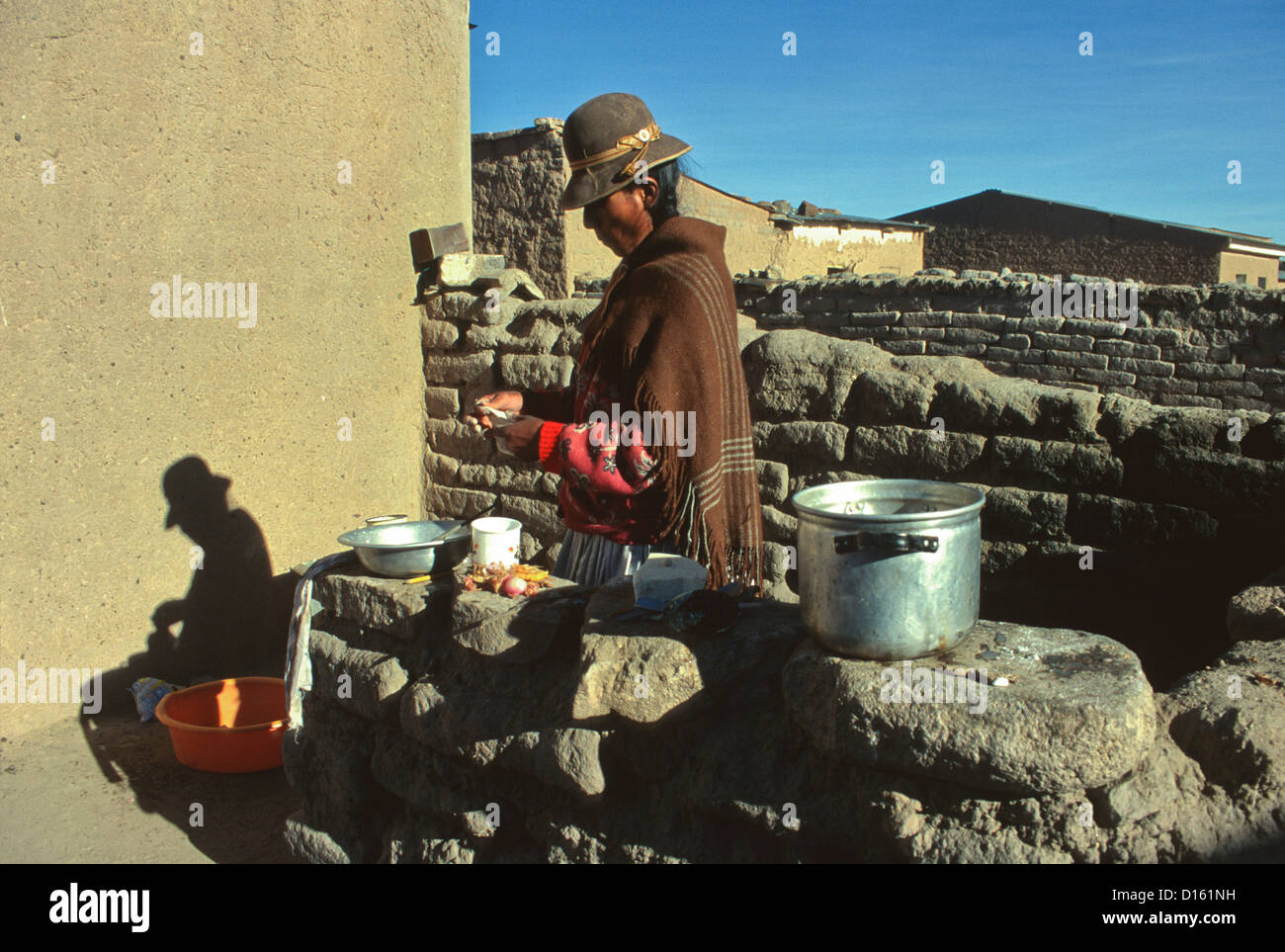 Native Aymara woman cooking in a village in the Altiplano, Andes ...