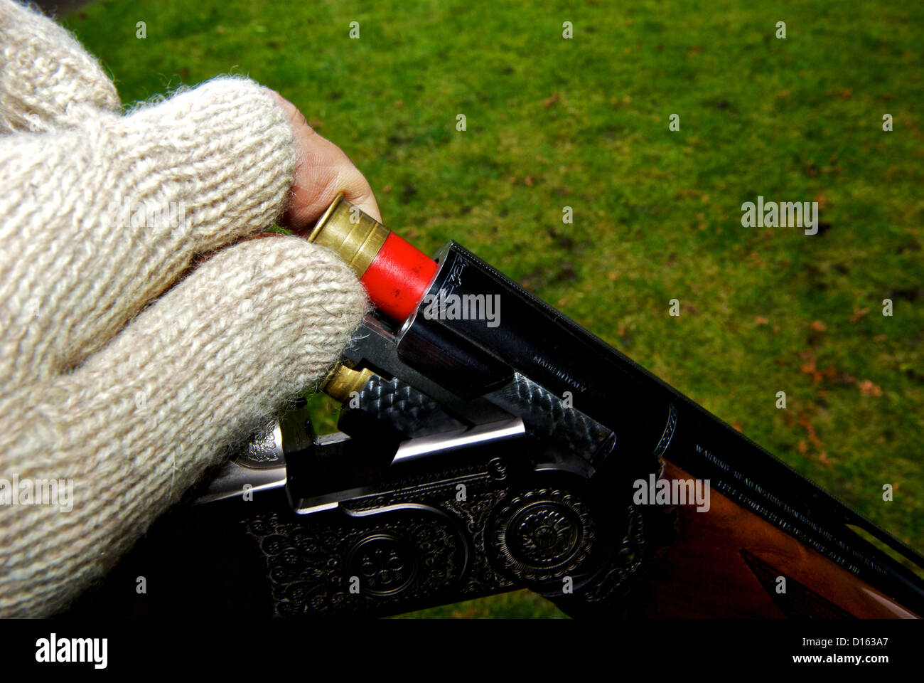 Hand in knitted woolen fingerless glove loading 28 gauge shotgun shell ...