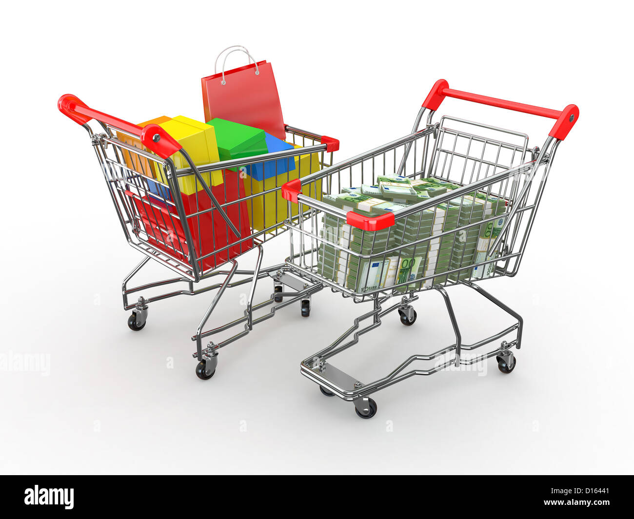 Consumerism. Purchase of goods for money. Shopping cart with boxes and ...