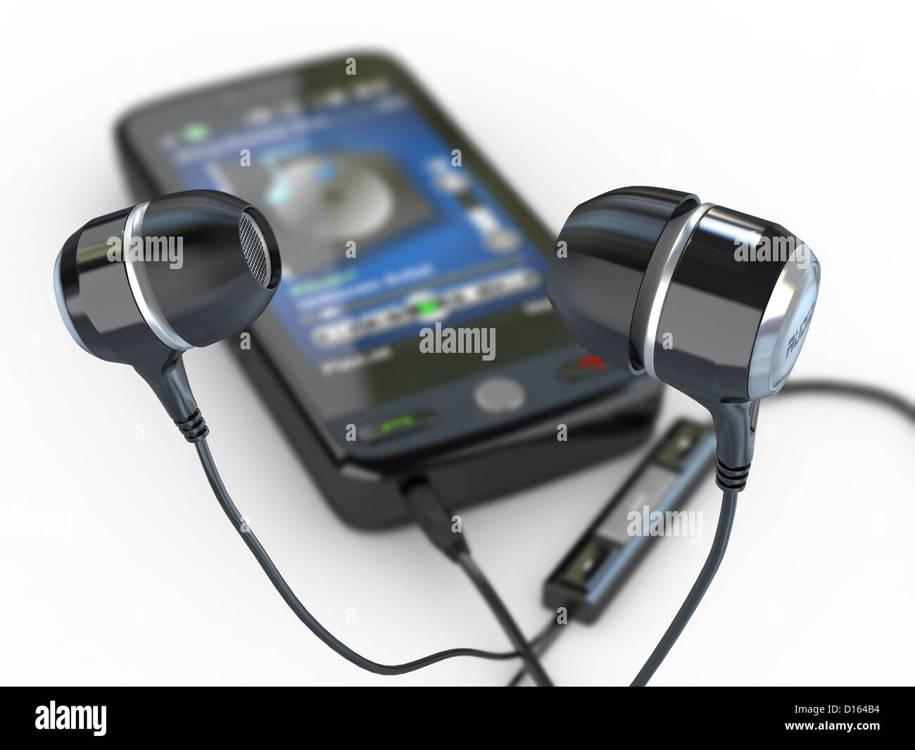 Mobile phone with headphones on white background. 3d Stock Photo - Alamy