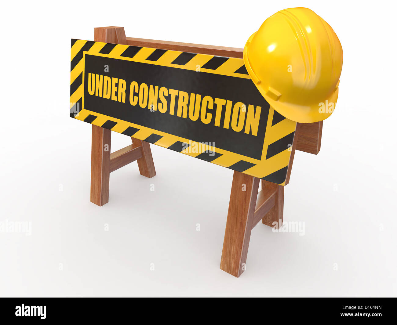 Barrier with text under construction and hardhat. 3d Stock Photo - Alamy