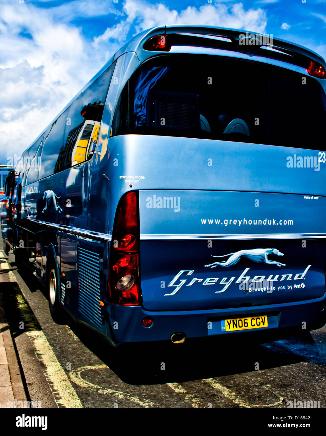 A British Greyhound Bus operated by first group PLC Stock Photo - Alamy