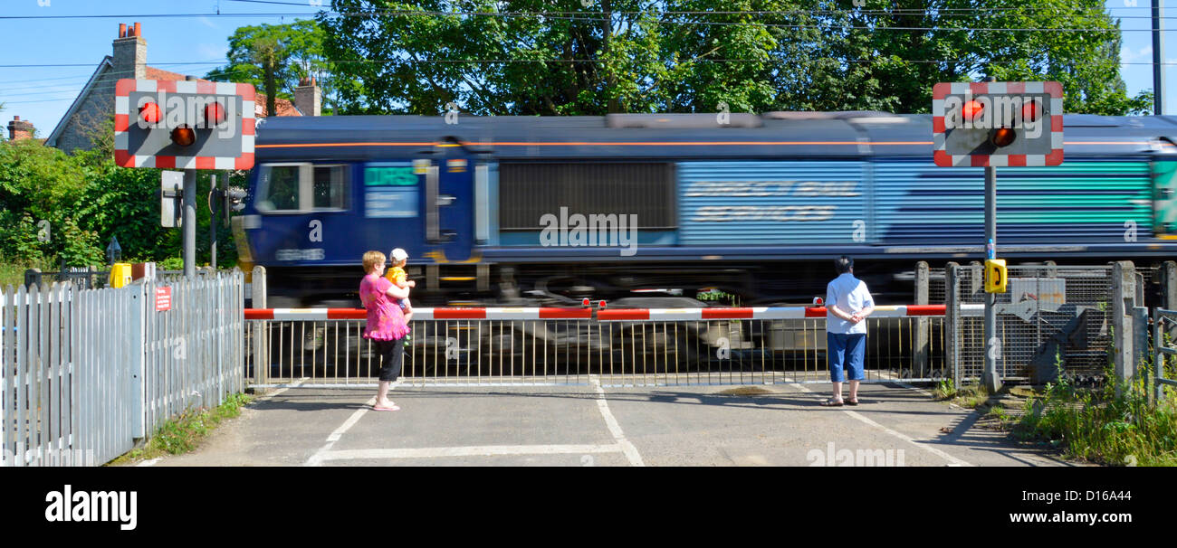 Railway tracks red flashing warning light sign level crossing barrier ...