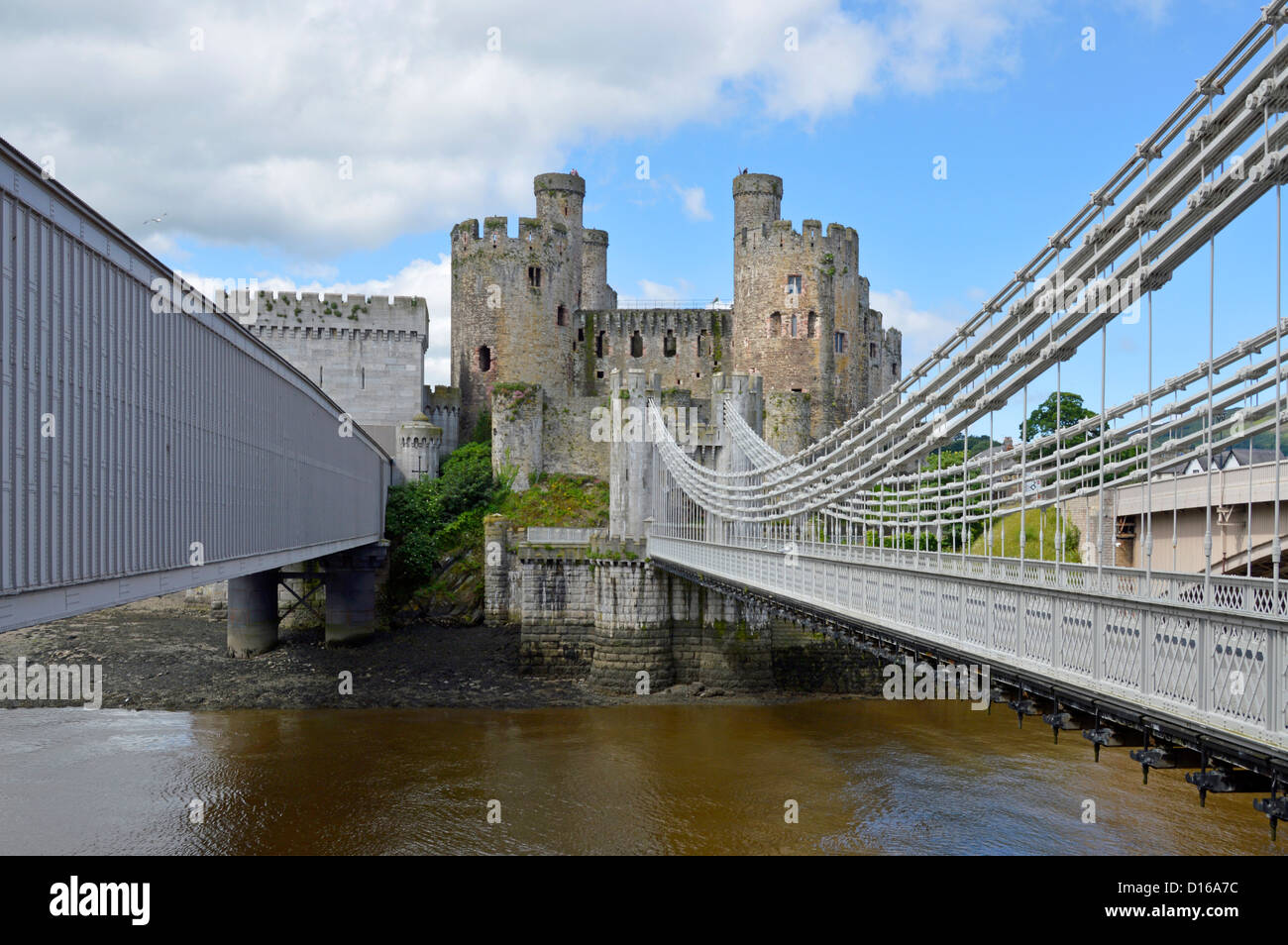 Robert Stephenson tubular railway bridge and Thomas Telford suspension ...