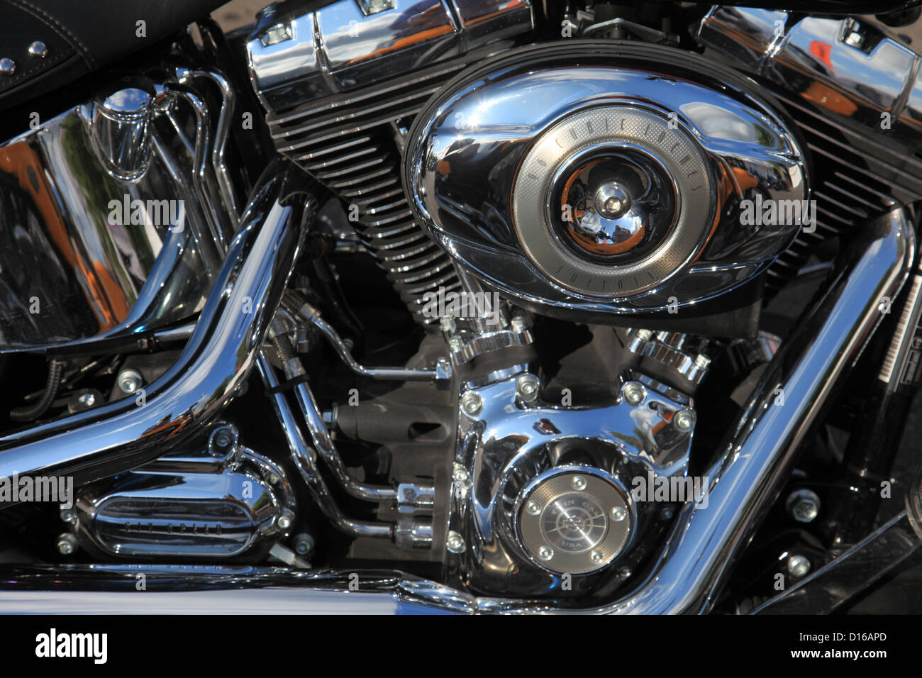 large american manufactured motorcycle engine showin g deep chromed ...