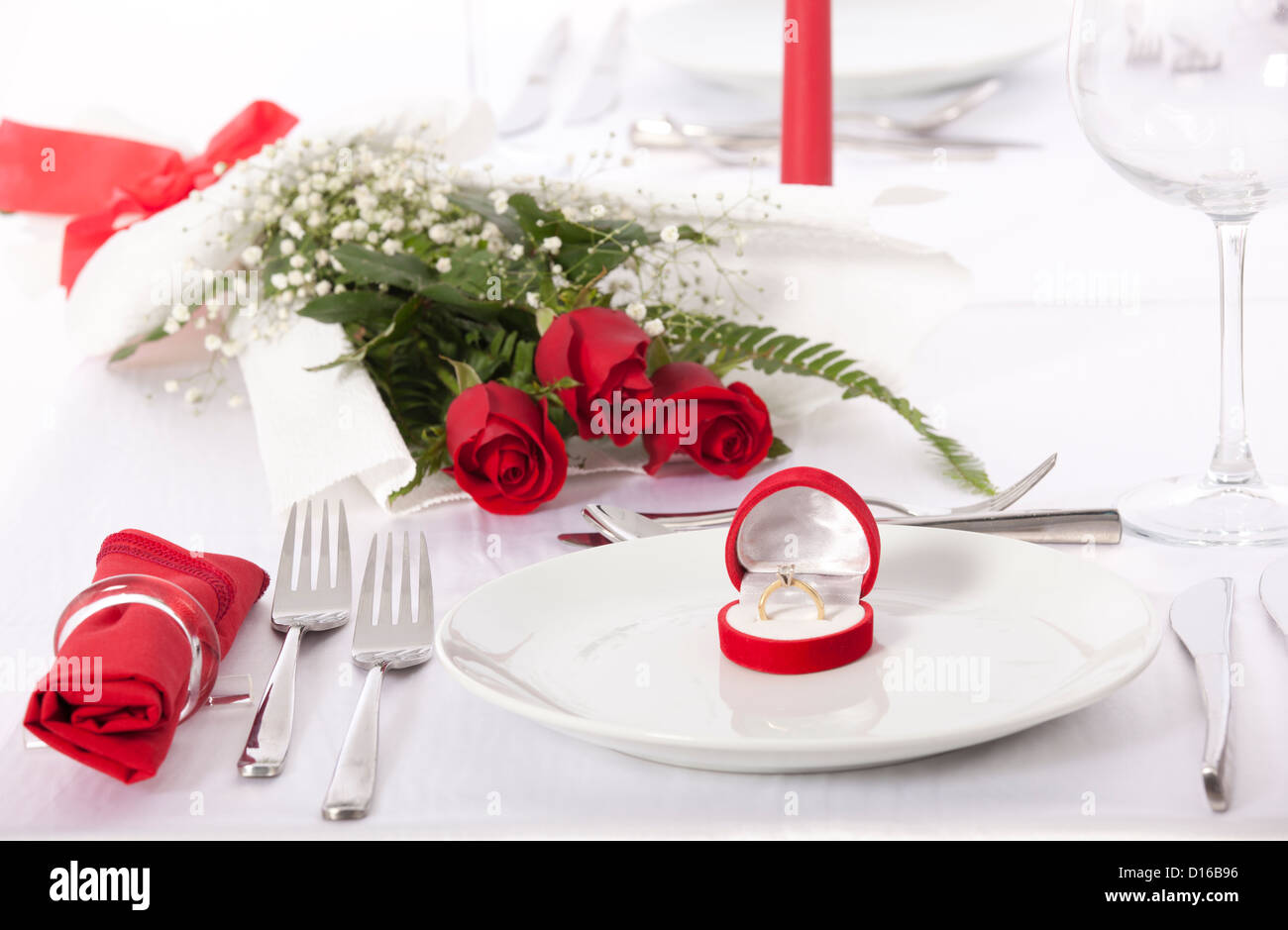 Ring in gift box on celebratory table of Valentine's Day Stock Photo ...