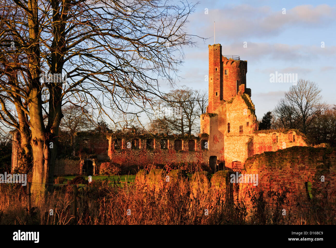 A view of the ruins of Caister Castle at first light at West Caister ...