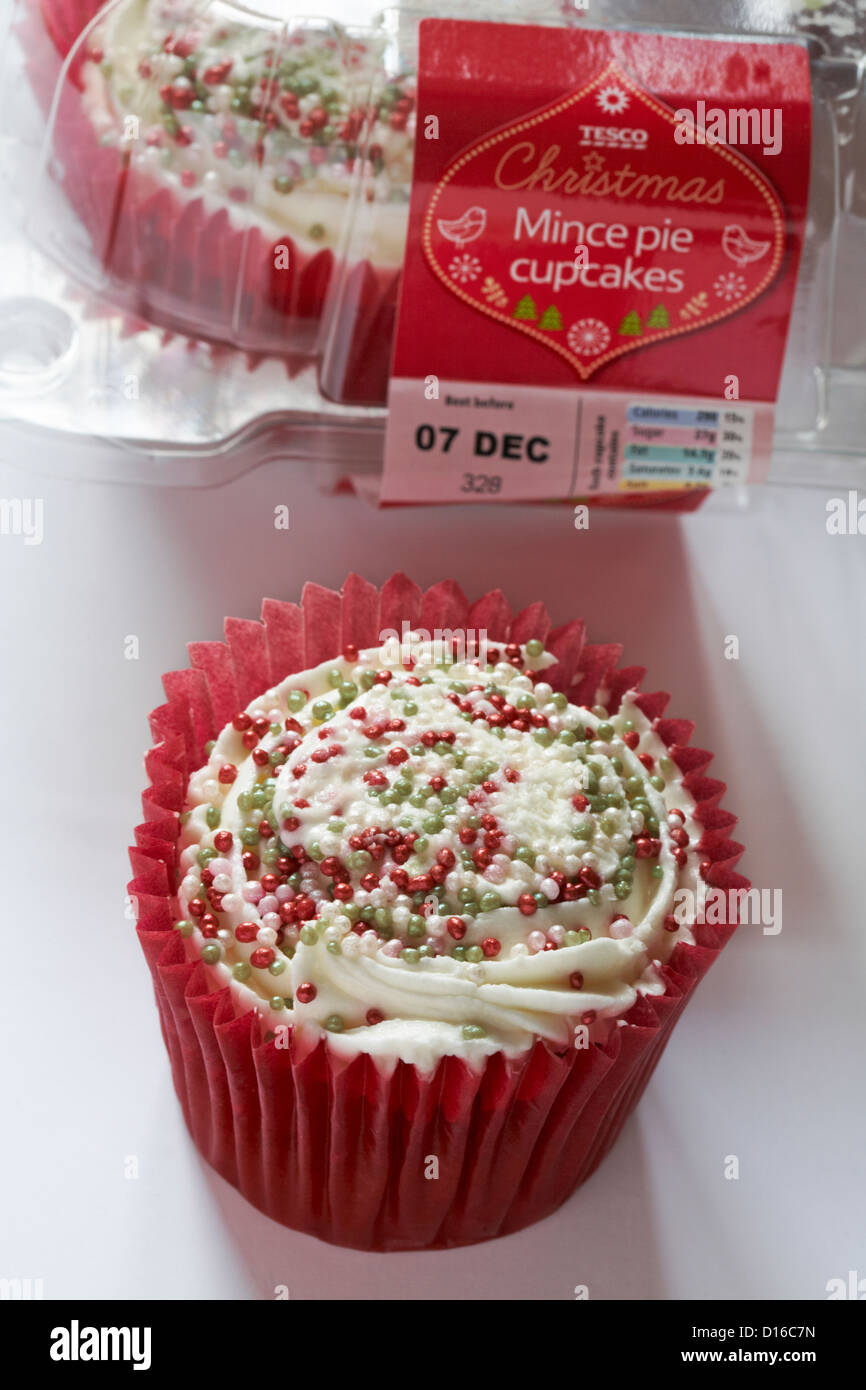 Packet of Tesco Christmas mince pie cupcakes with one out of packet set ...