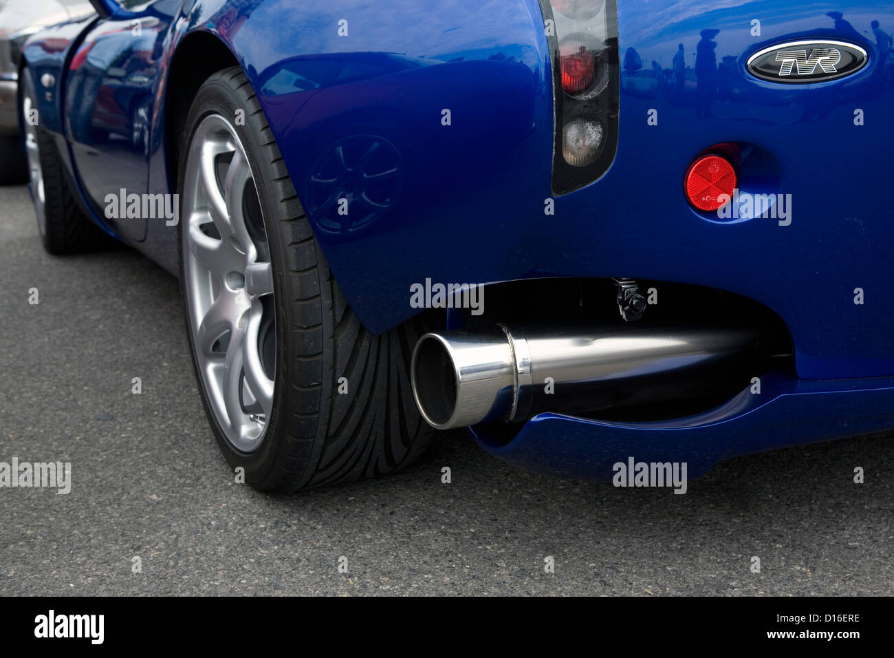 A sideways exhaust at the back of a TVR supercar Stock Photo - Alamy