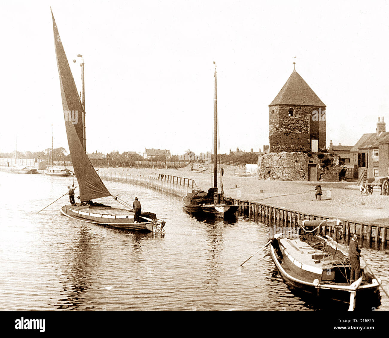 Old Tower and barges Great Yarmouth Victorian period Stock Photo - Alamy