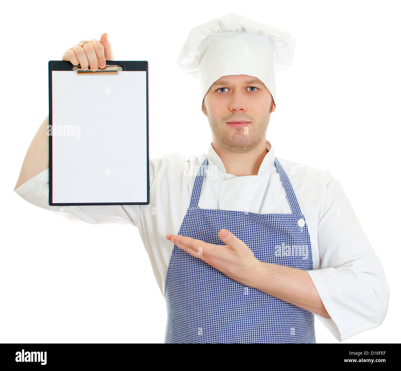 Handsome chef presenting new menu. Isolated on white Stock Photo - Alamy
