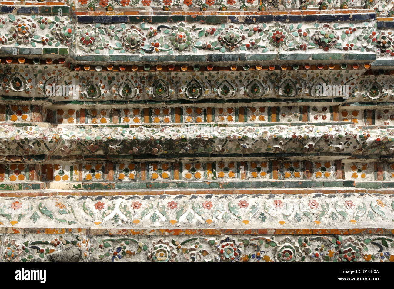 Ceramic tile artwork on temple wall at Wat Arun temple in Bangkok Stock ...