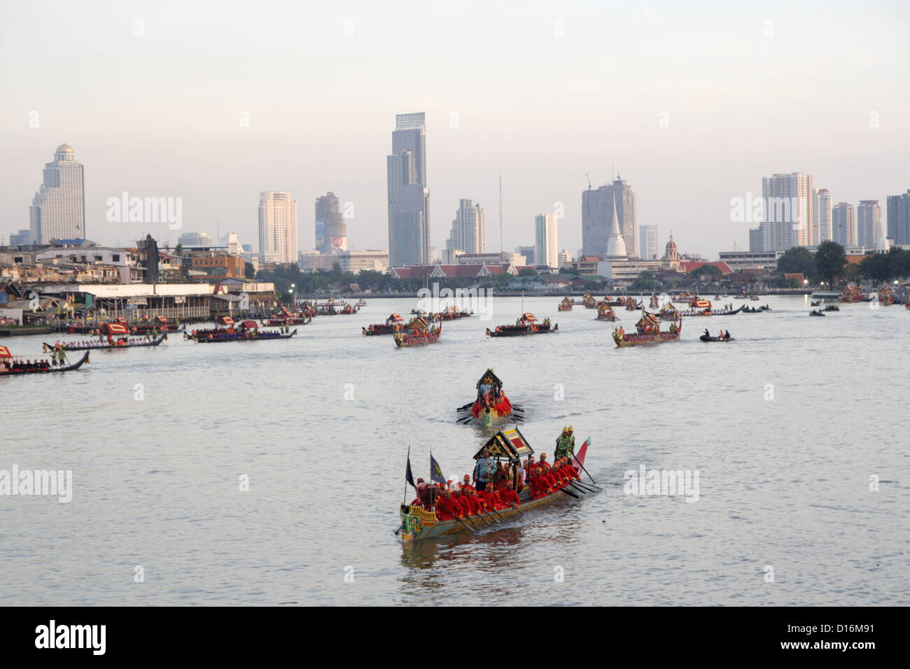 Thai Royal Barge Procession flotilla rowing down the Chao Phraya River ...