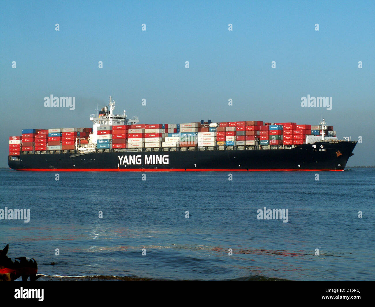 The YM Green, a container ship, approaches the Port of Rotterdam in the ...