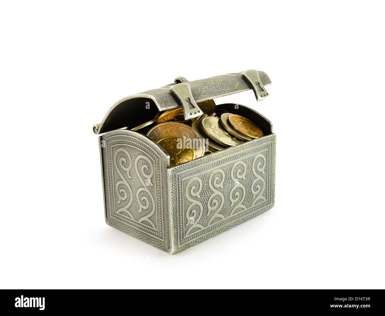 metallic coffer with coins Stock Photo - Alamy