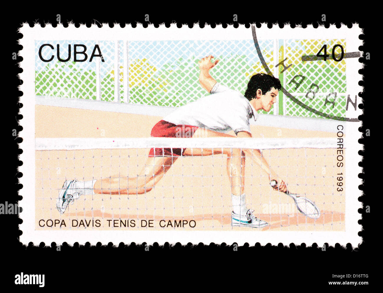 Postage stamp from Cuba depicting a tennis player at the net Stock ...