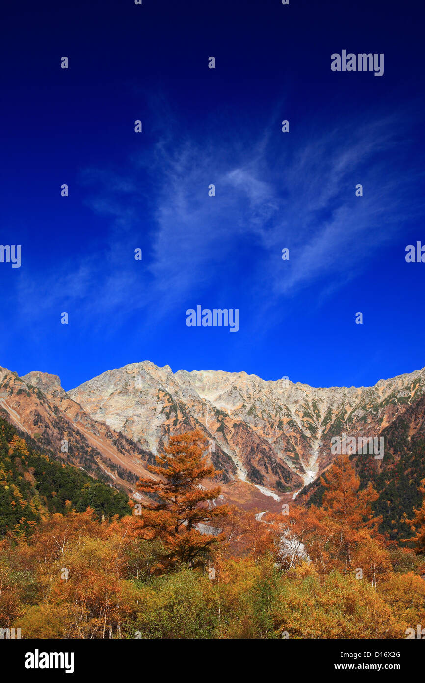 Autumn leaves, trees and blue sky at Mount Yakedake in Matsumoto ...