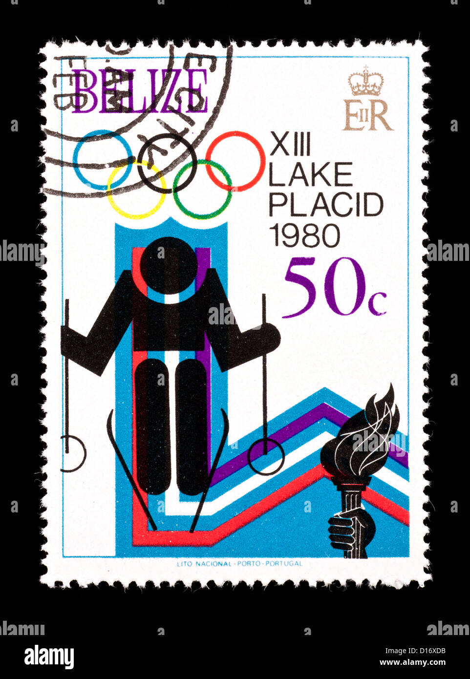 Postage stamp from Belize depicting a downhill skier and Olympic ...