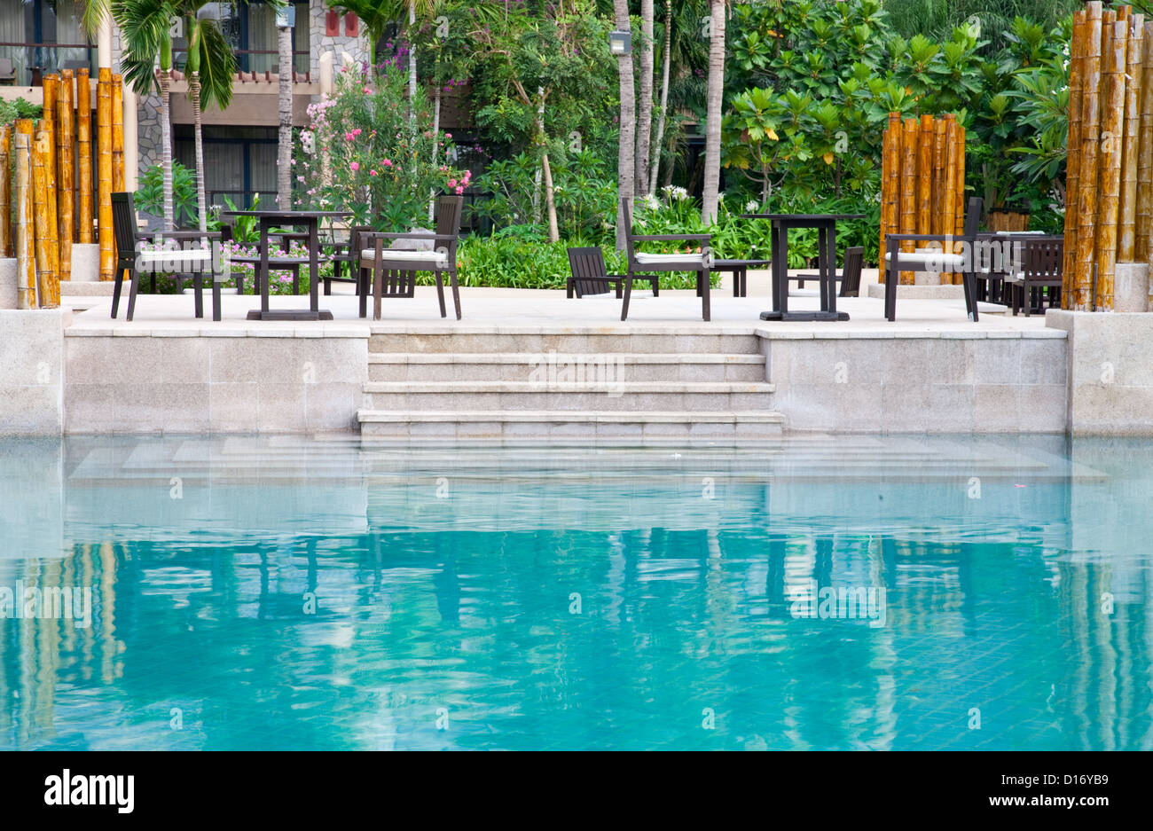 Patio by the swimming poolside in hotel backyard Stock Photo - Alamy