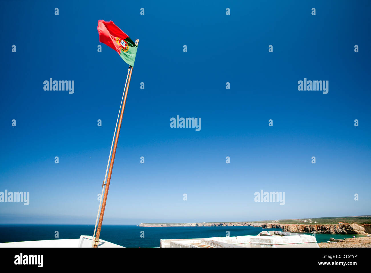 Sagres, Portugal, Portuguese flag on the Fortaleza de Sagres Stock ...