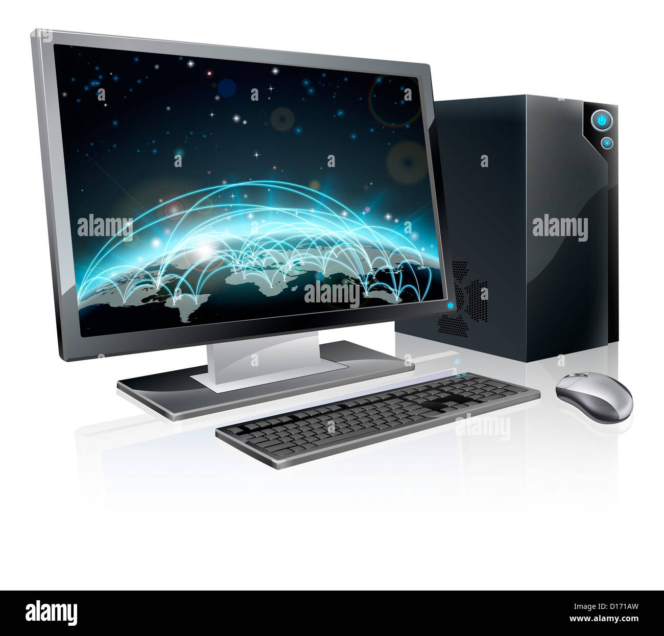 An illustration of desktop PC computer workstation with world globe on ...