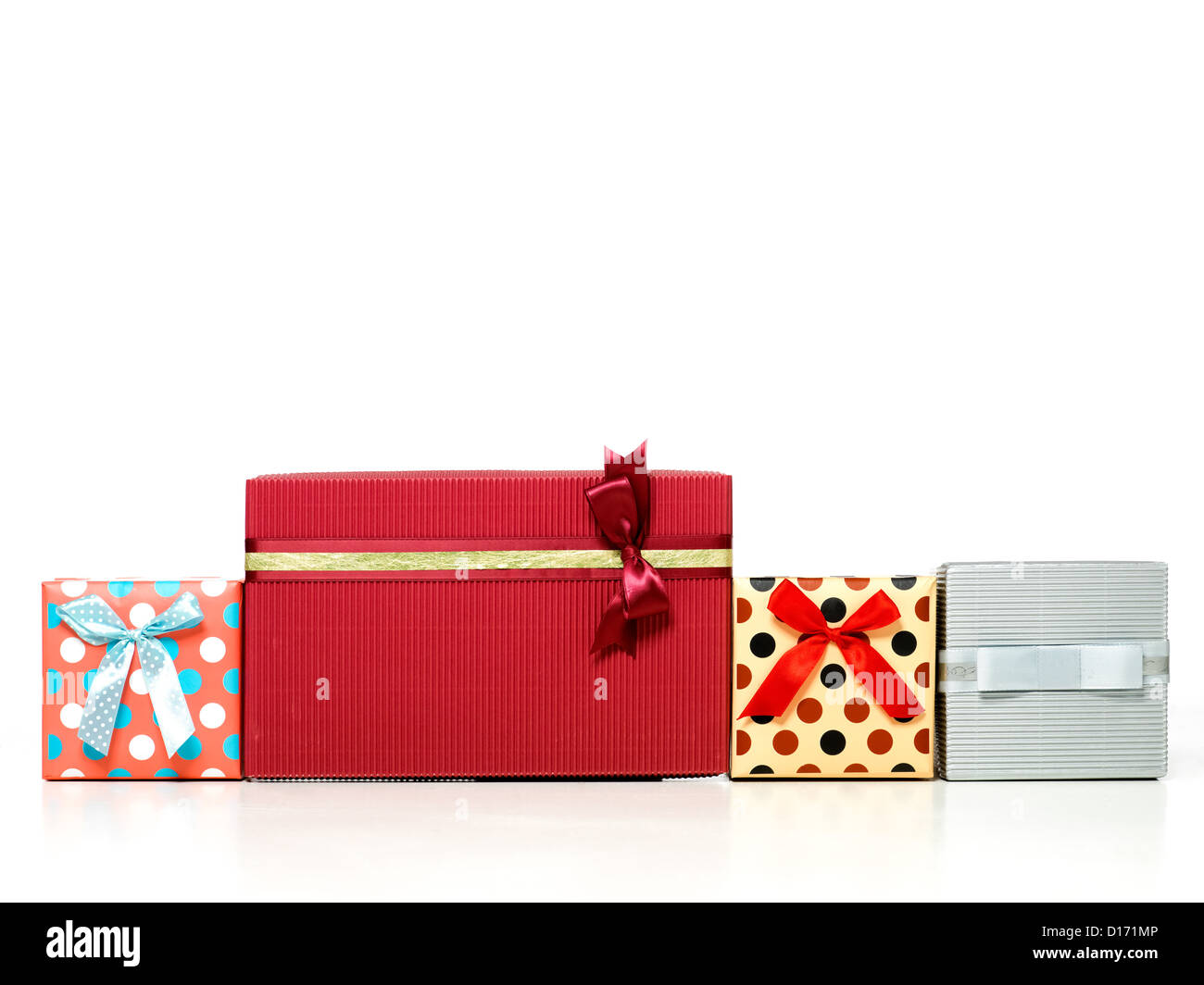 closeup of four different presents in a row with beautiful and elegant ...