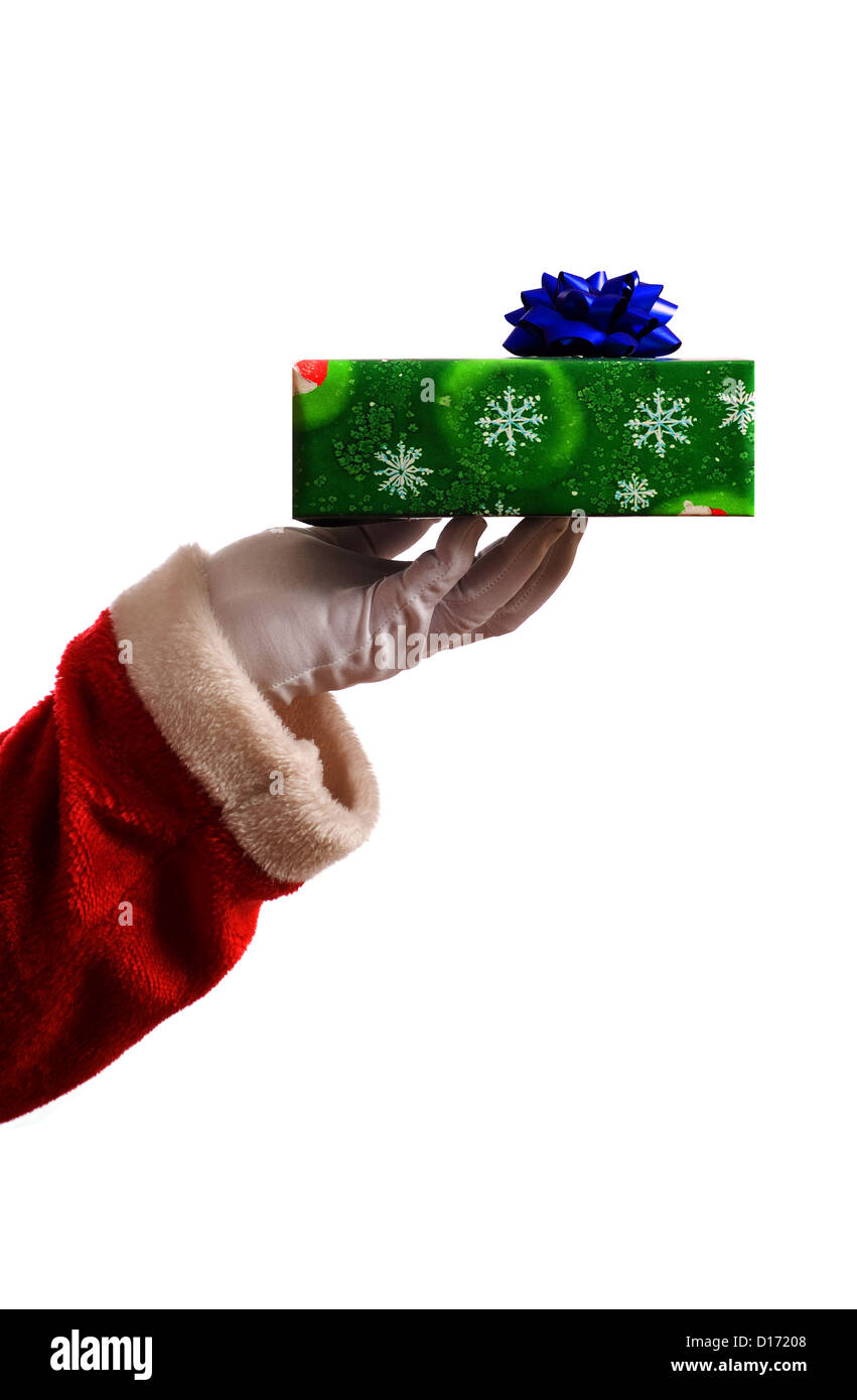 Santa Claus Father Christmas hand with wrapping paper present and blue ...