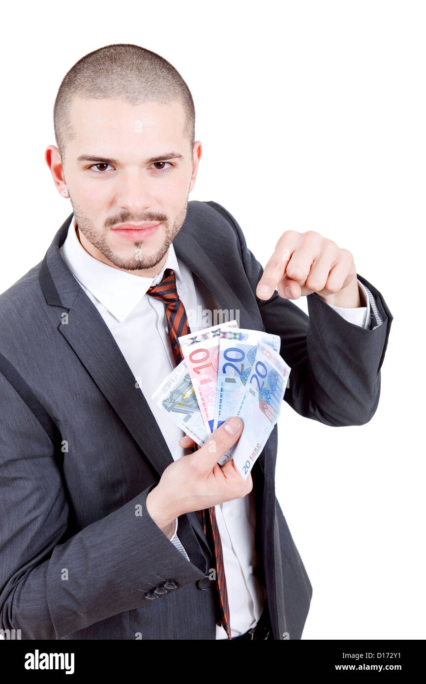 young business man with money over white background Stock Photo - Alamy