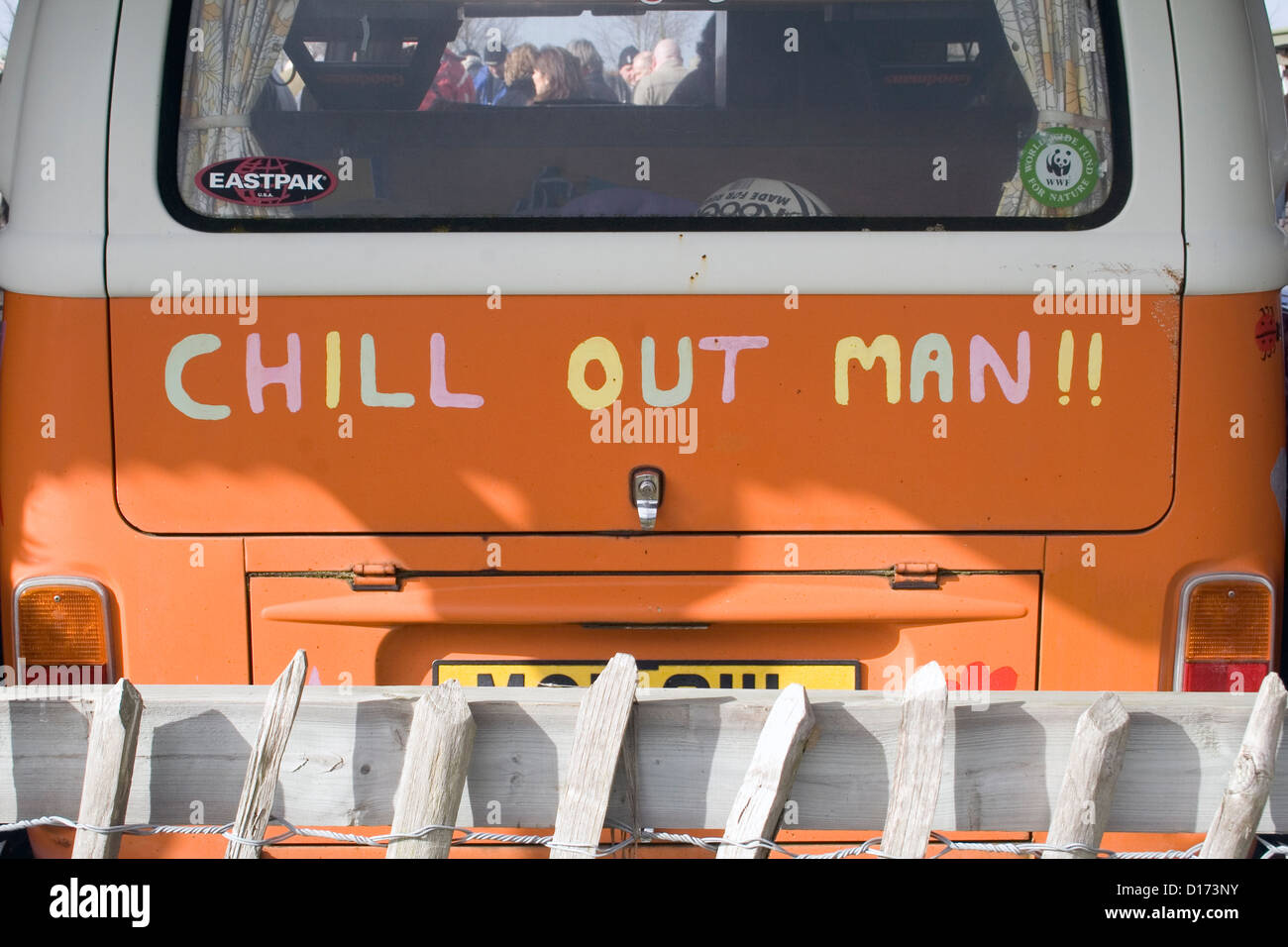Chill out man sticker on the back of a VW campervan Stock Photo - Alamy