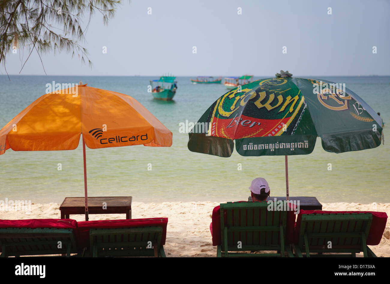 Man on sun lounger on Ochheuteal Beach, Sihanoukville, Cambodia Stock ...