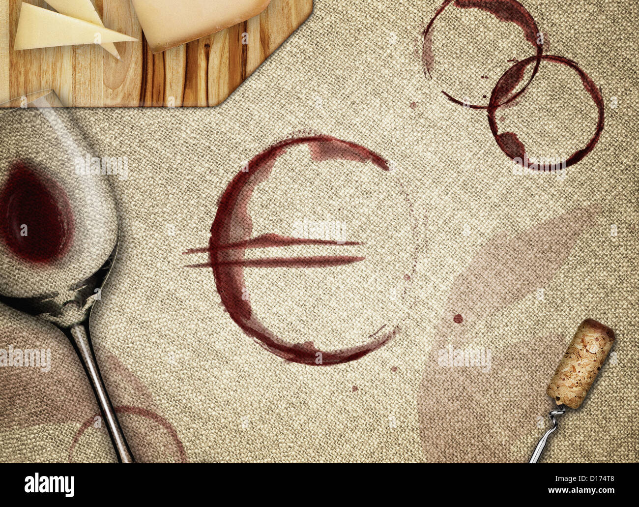Picnic scene with wine stain on cloth magically in forming a Euro ...
