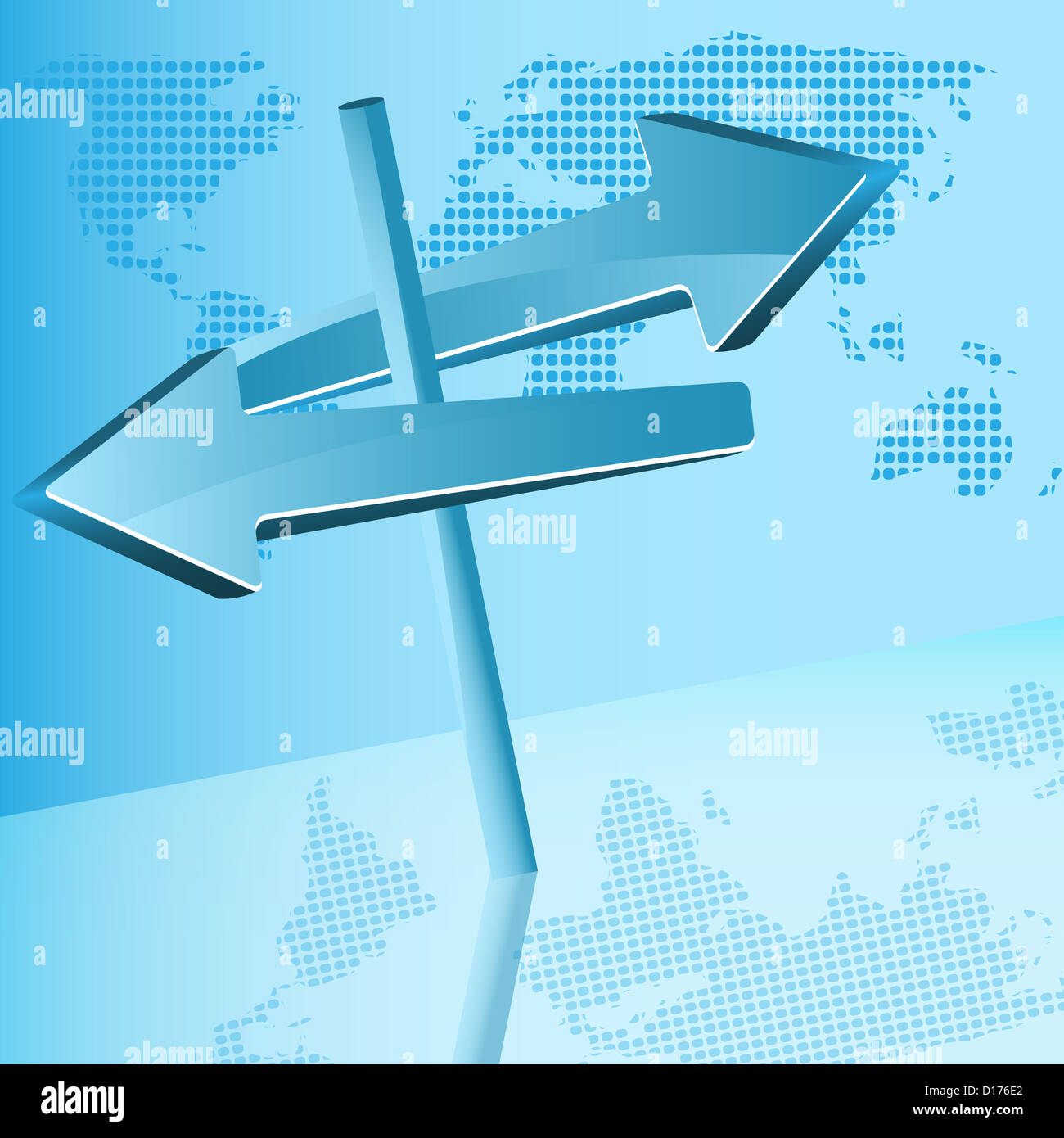 illustration, blue arrows on background of the map of the world Stock ...