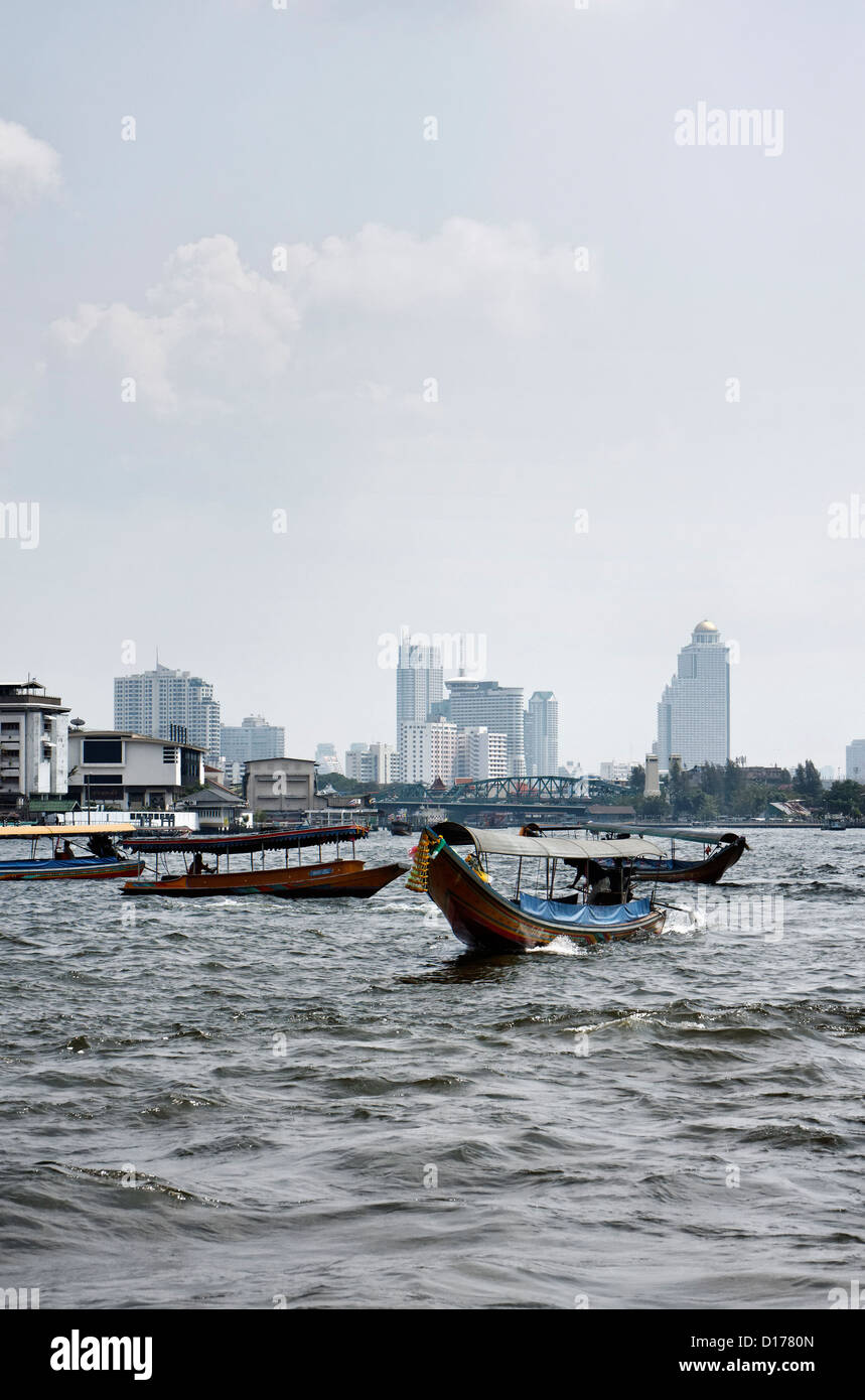 Thailand, Bangkok, view of the Chao Praya river and the skyline of the ...