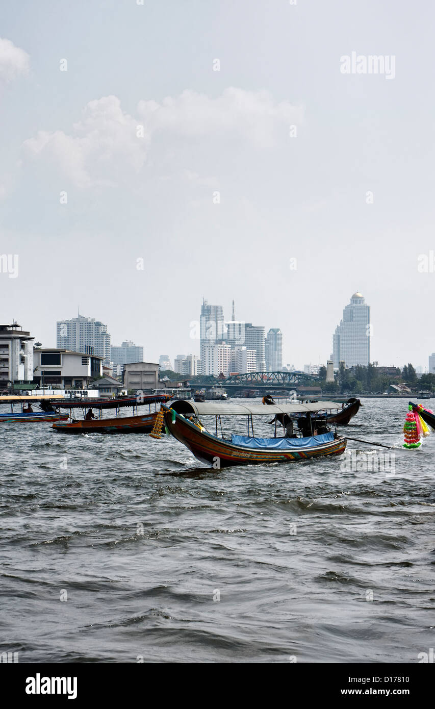 Thailand, Bangkok, view of the Chao Praya river and the skyline of the ...