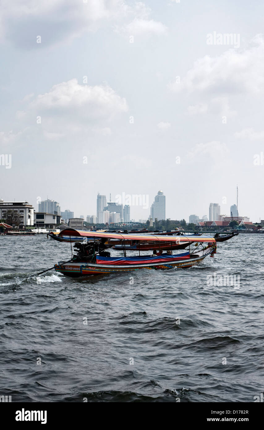 Thailand, Bangkok, view of the Chao Praya river and the skyline of the ...