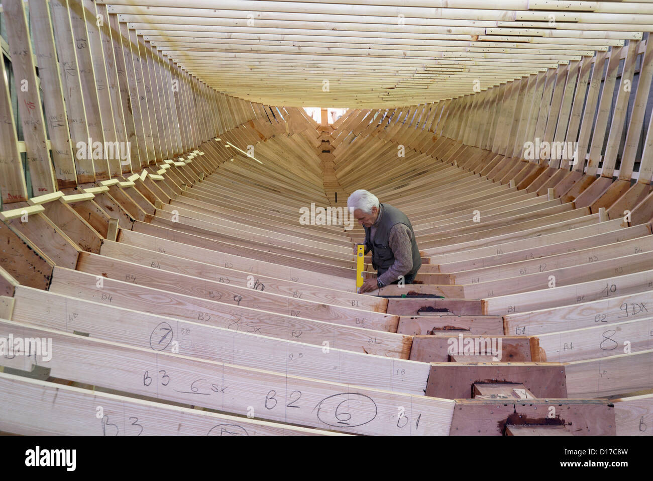 Italy, Fiumicino (Rome), the wooden keel beams of a 35 meters luxury ...