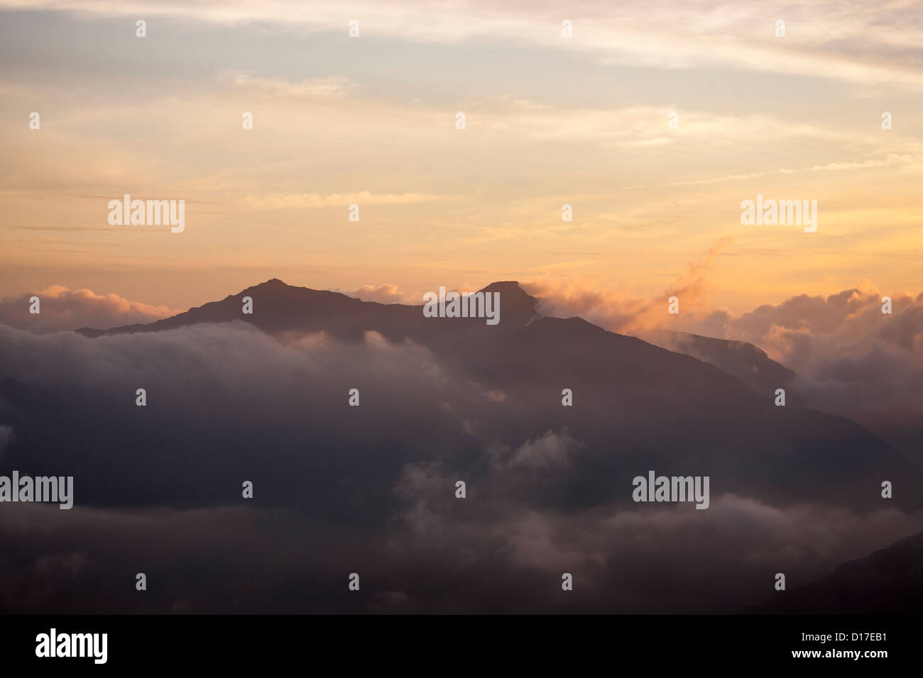 The peaks of Snowdon and Crib Goch burried amongst low level clouds ...