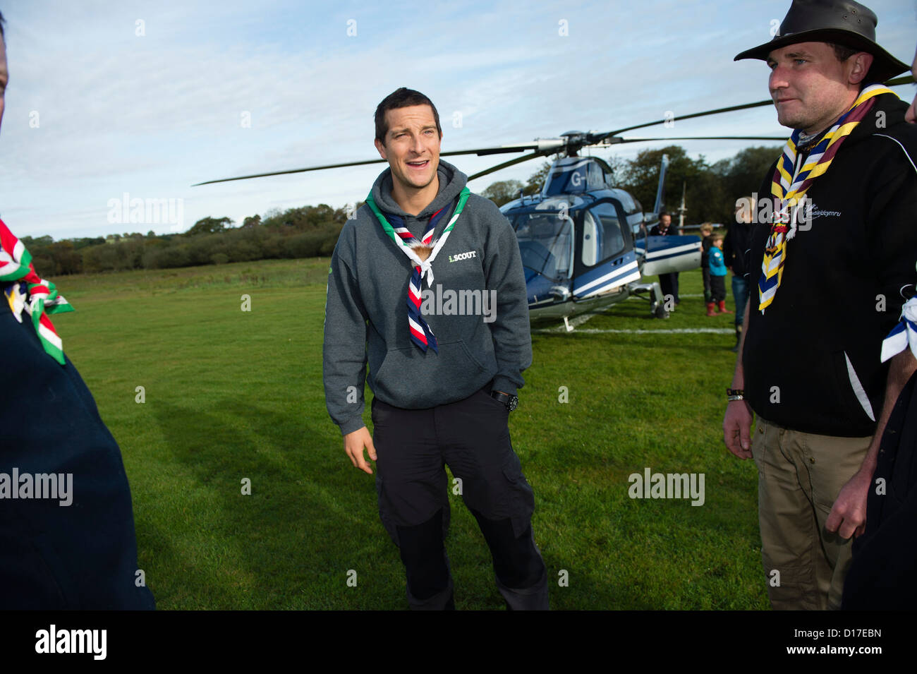 Chief Scout BEAR GRYLLS arriving by helicopter to meet welsh girl and ...