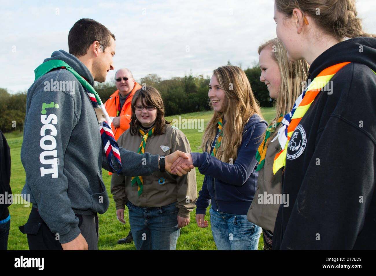 Chief Scout BEAR GRYLLS meeting welsh girl and boy scouts at a camp in ...