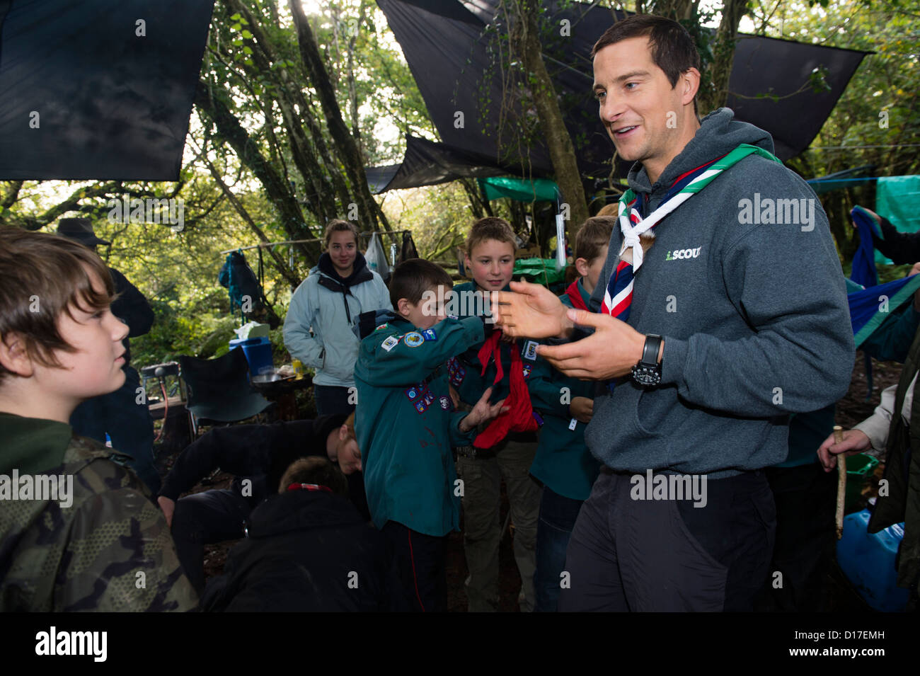 Chief Scout BEAR GRYLLS meeting welsh girl and boy scouts at a camp in ...