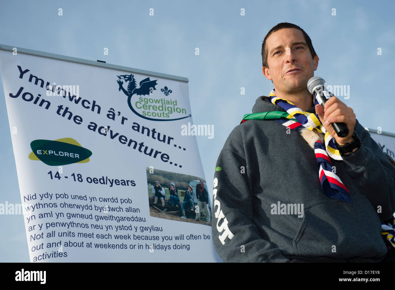Chief Scout BEAR GRYLLS addressing welsh girl and boy scouts at a camp ...