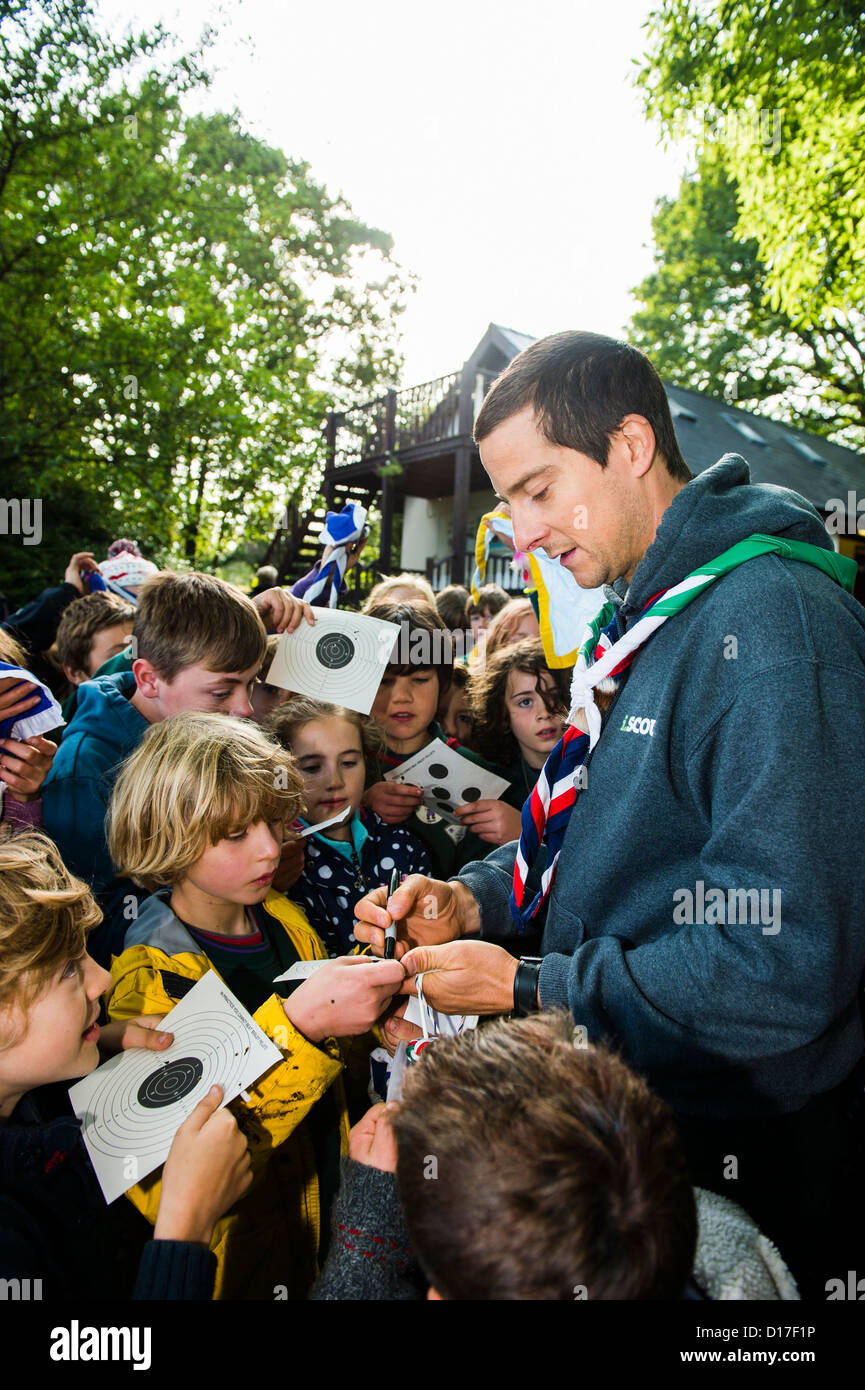 Chief Scout BEAR GRYLLS meeting welsh girl and boy scouts at a camp in ...
