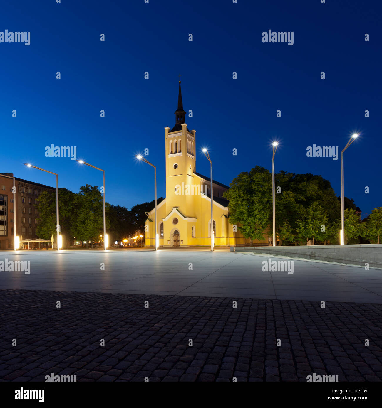 Church overlooking town square Stock Photo - Alamy