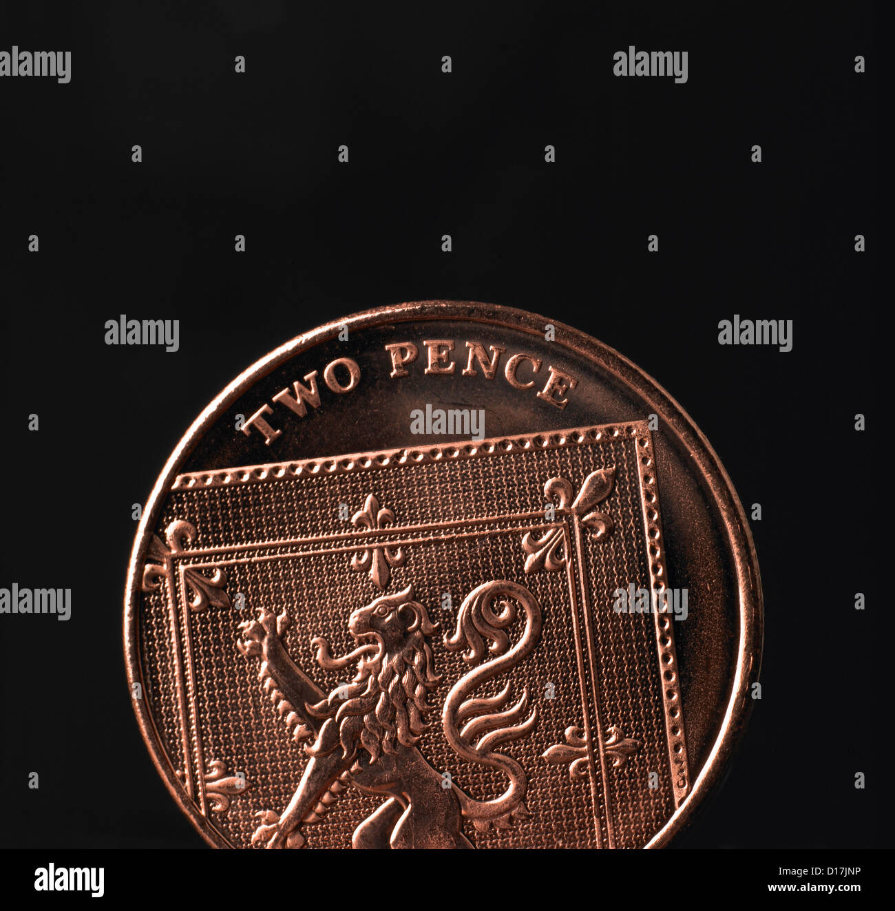 British two pence decimal coin extreme closeup balanced on black ...