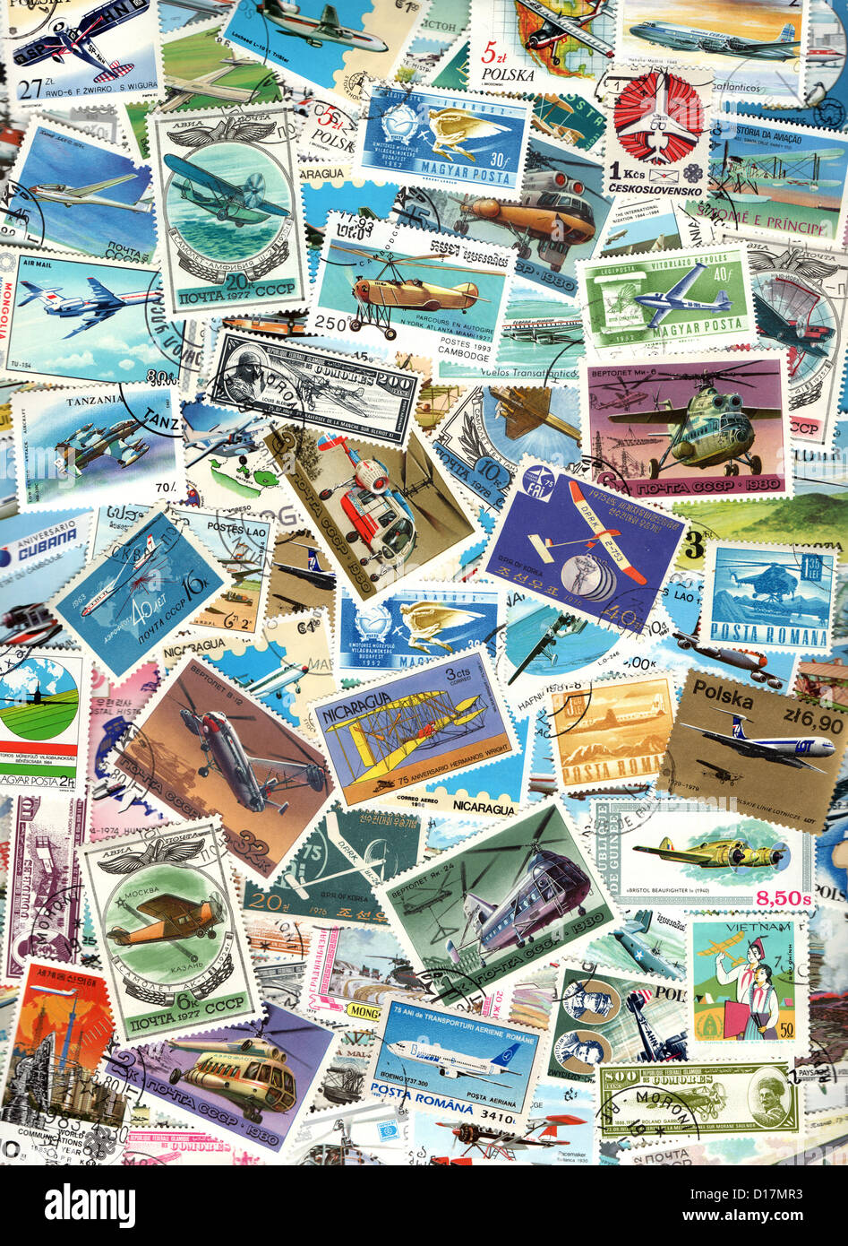 Airplanes and aviation - background of old used postage stamps from the ...