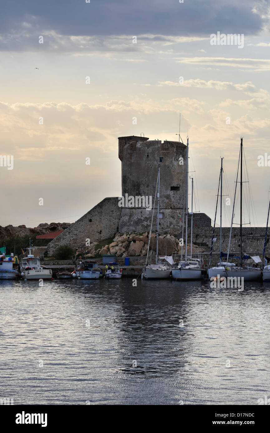 Italy, Tuscany, Elba island, a medieval tower in the port of Marciana ...