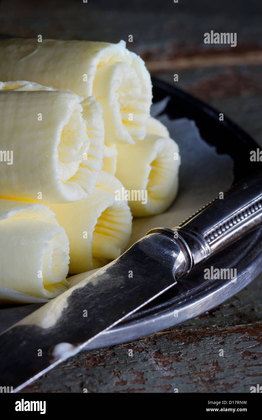 Butter rolls on vintage setting, wooden rustic dark background Stock ...