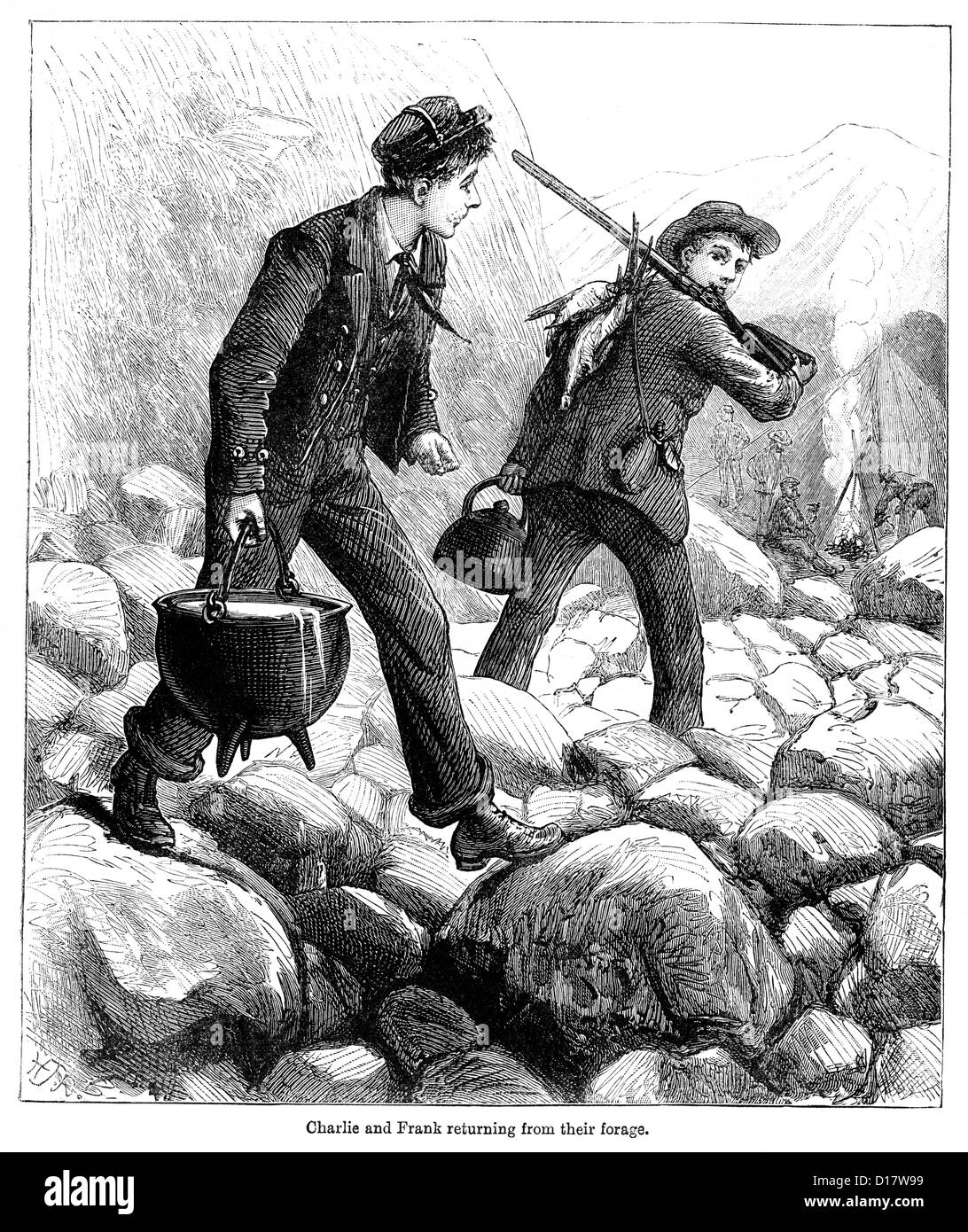 Victorian engraving of two boy returning to camp from foraging , 1897 ...